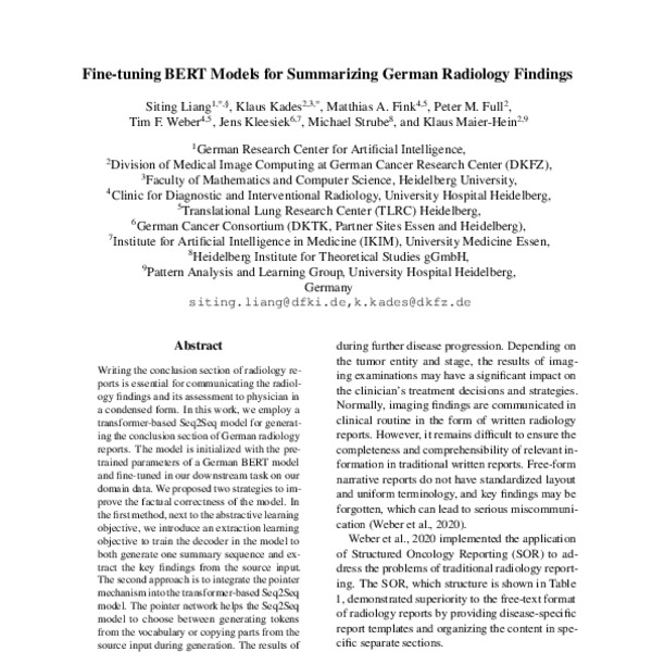 Fine-tuning BERT Models for Summarizing German Radiology Findings - ACL Anthology