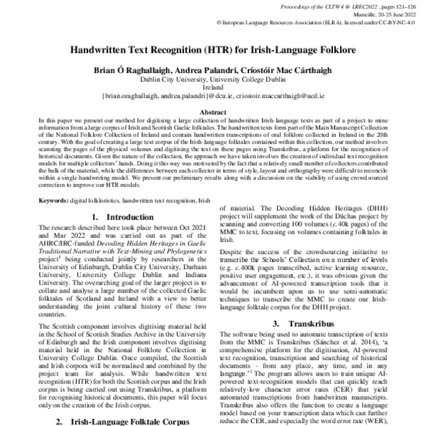Handwritten Text Recognition (HTR) for Irish-Language Folklore - ACL ...