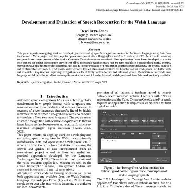 Development and Evaluation of Speech Recognition for the Welsh Language ...