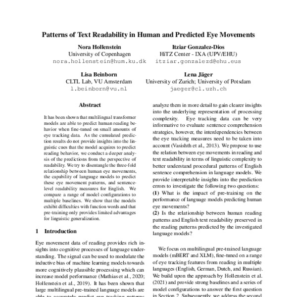 Patterns of Text Readability in Human and Predicted Eye Movements - ACL Anthology