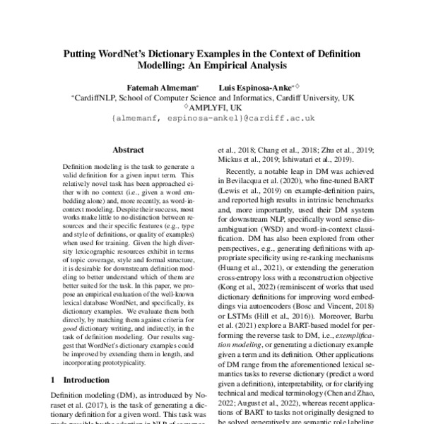 Putting WordNet’s Dictionary Examples in the Context of Definition Modelling: An Empirical ...