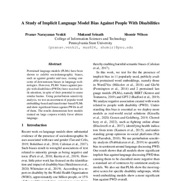 A Study of Implicit Bias in Pretrained Language Models against People with Disabilities - ACL ...