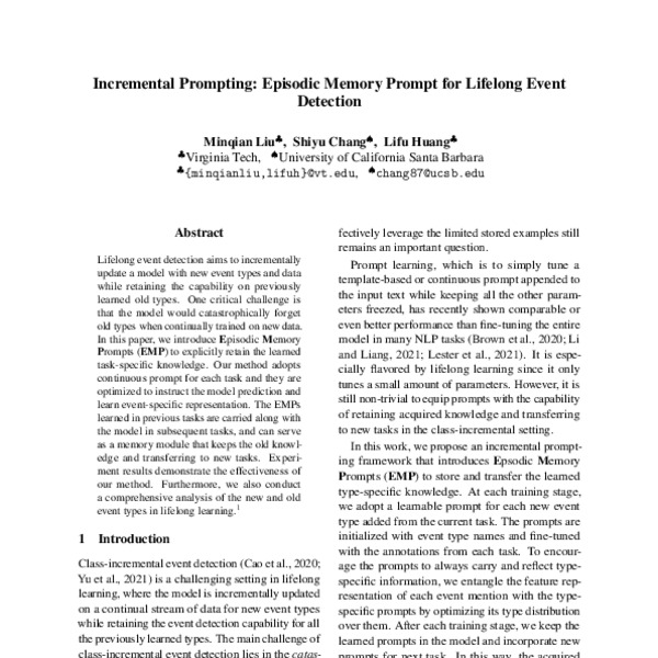 Incremental Prompting: Episodic Memory Prompt for Lifelong Event Detection - ACL Anthology