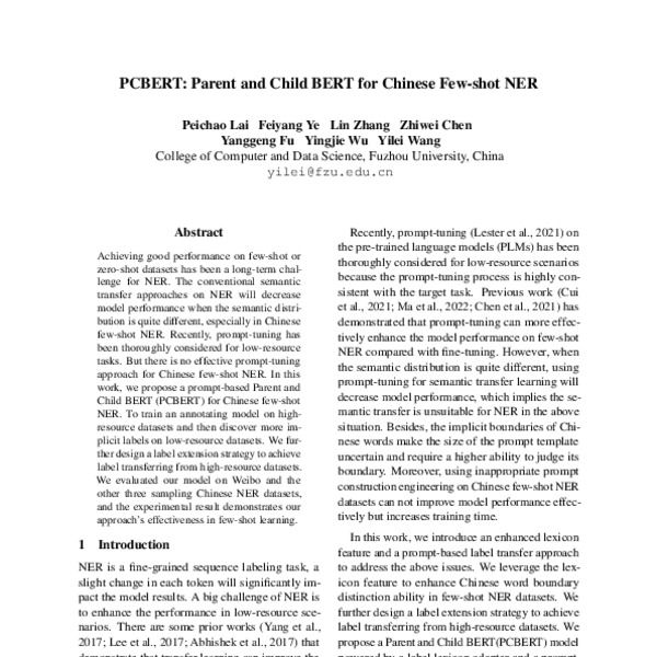 PCBERT: Parent and Child BERT for Chinese Few-shot NER - ACL Anthology