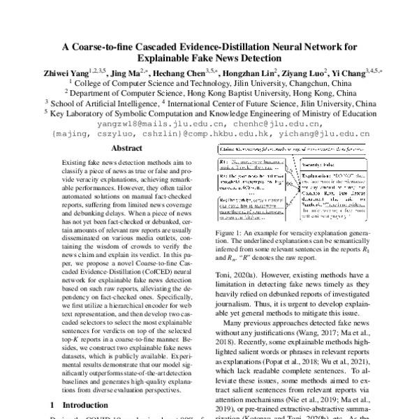 A Coarse-to-fine Cascaded Evidence-Distillation Neural Network for Explainable Fake News ...
