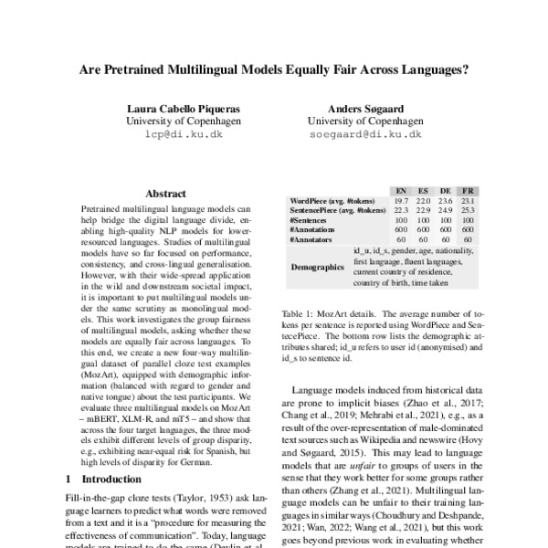Are Pretrained Multilingual Models Equally Fair across Languages? - ACL ...