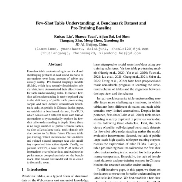 Few Shot Table Understanding A Benchmark Dataset And Pre Training Baseline Acl Anthology