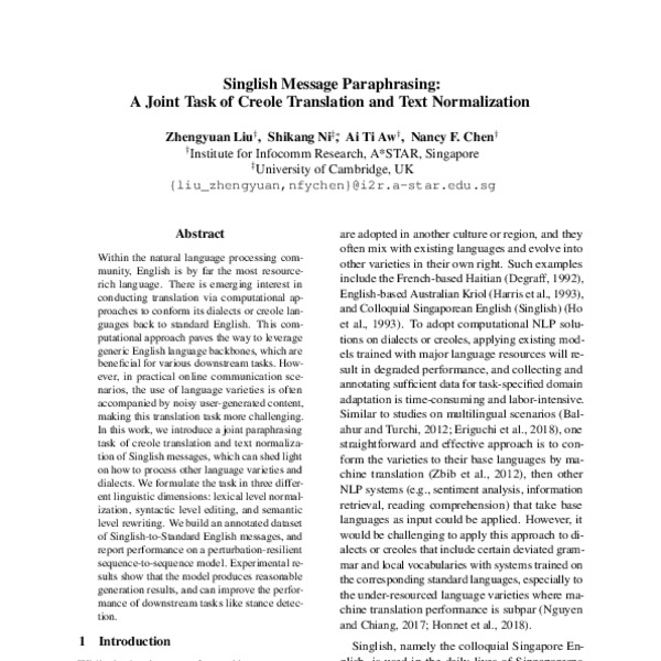 Singlish Message Paraphrasing: A Joint Task of Creole Translation and ...