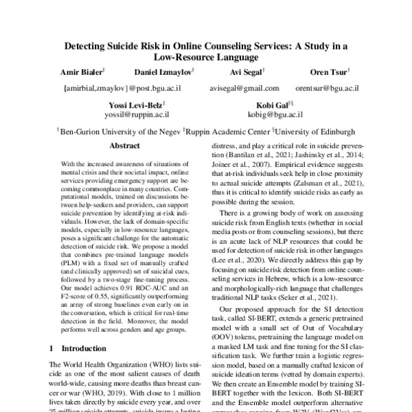 Detecting Suicide Risk in Online Counseling Services: A Study in a Low ...