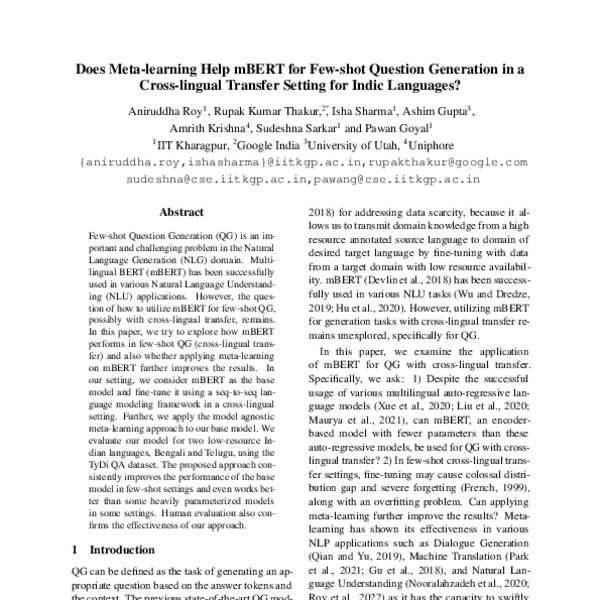 Does Meta-learning Help mBERT for Few-shot Question Generation in a Cross-lingual Transfer ...