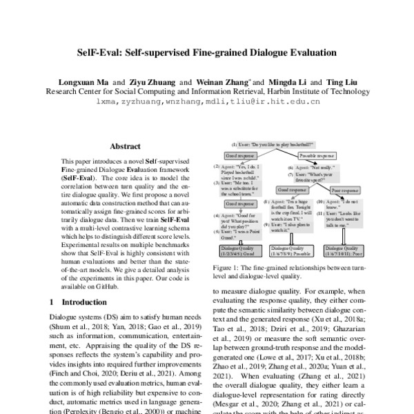 SelF-Eval: Self-supervised Fine-grained Dialogue Evaluation - ACL Anthology