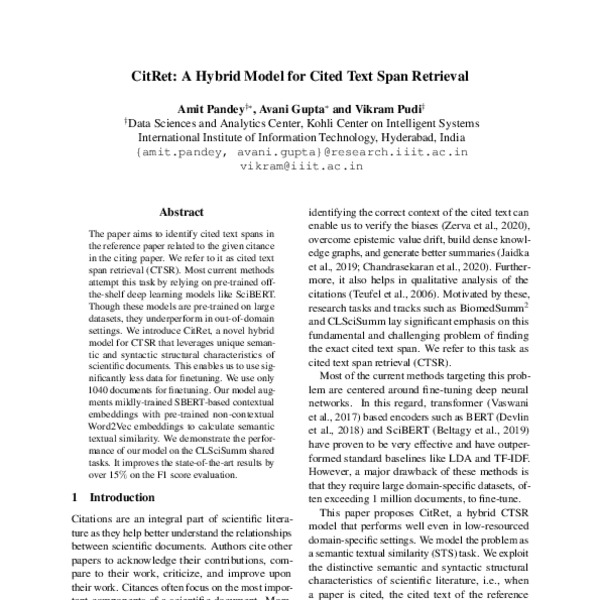 CitRet: A Hybrid Model for Cited Text Span Retrieval - ACL Anthology