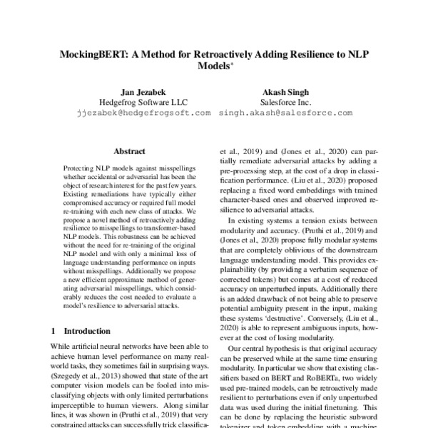 MockingBERT: A Method for Retroactively Adding Resilience to NLP Models - ACL Anthology