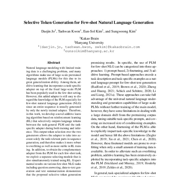 Selective Token Generation for Few-shot Natural Language Generation - ACL Anthology