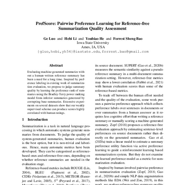 PrefScore: Pairwise Preference Learning for Reference-free Summarization Quality Assessment ...