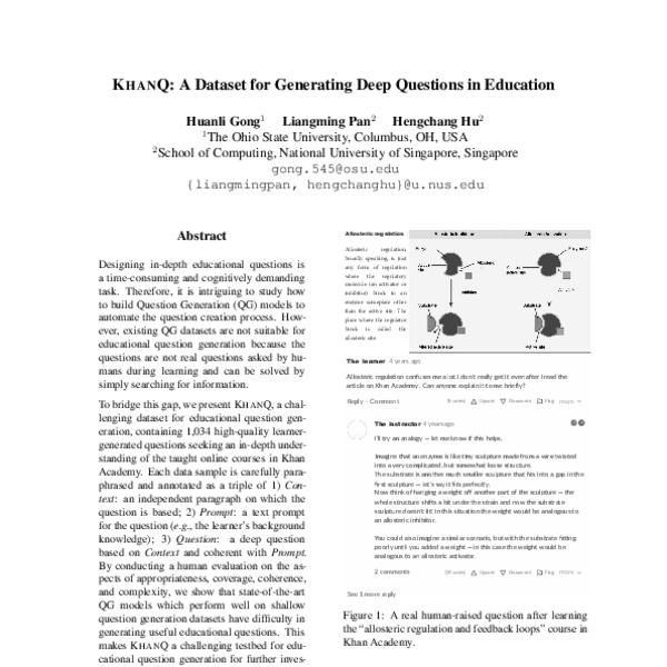 KHANQ: A Dataset for Generating Deep Questions in Education - ACL Anthology