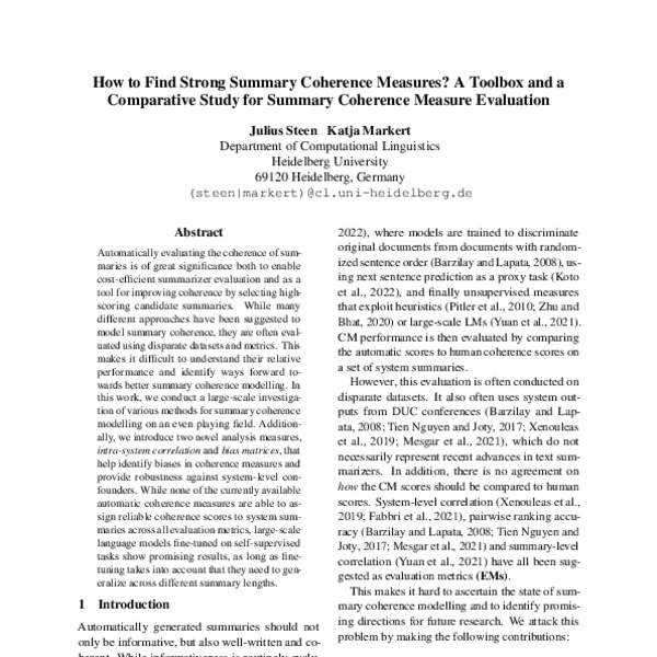 How to Find Strong Summary Coherence Measures? A Toolbox and a Comparative Study for Summary ...