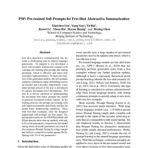 PSP: Pre-trained Soft Prompts for Few-Shot Abstractive Summarization - ACL Anthology