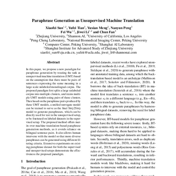Paraphrase Generation as Unsupervised Machine Translation - ACL Anthology