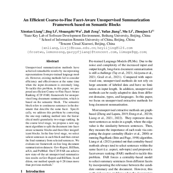 An Efficient Coarse-to-Fine Facet-Aware Unsupervised Summarization Framework Based on Semantic ...