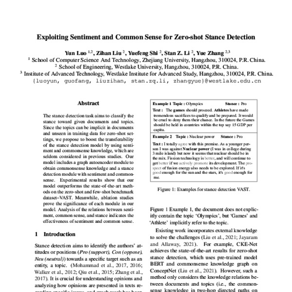 Exploiting Sentiment and Common Sense for Zero-shot Stance Detection - ACL Anthology