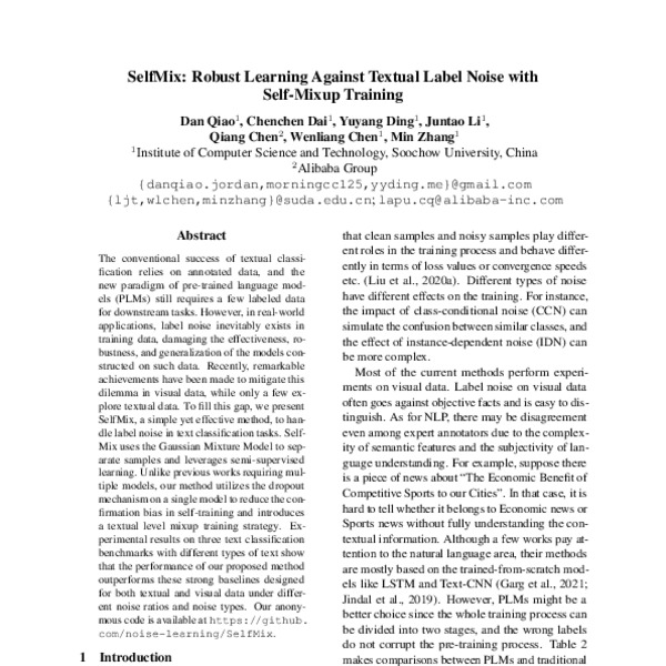 SelfMix: Robust Learning against Textual Label Noise with Self-Mixup Training - ACL Anthology