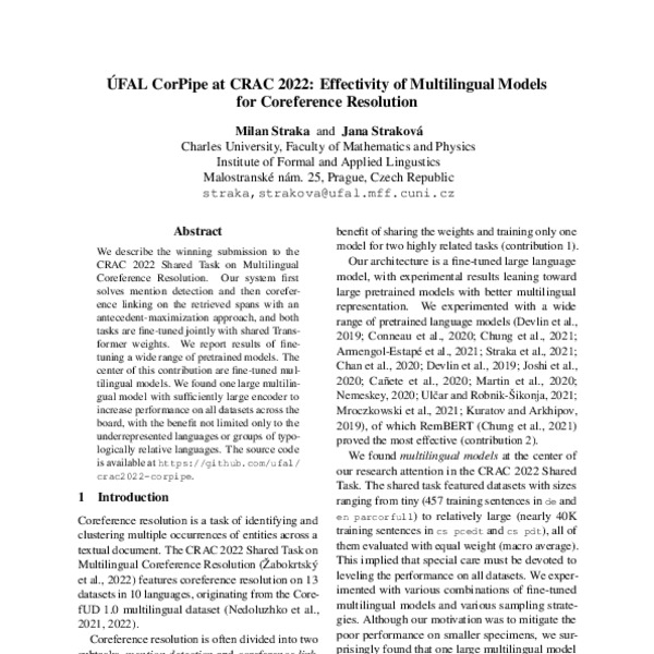 ÚFAL CorPipe at CRAC 2022: Effectivity of Multilingual Models for Coreference Resolution - ACL ...