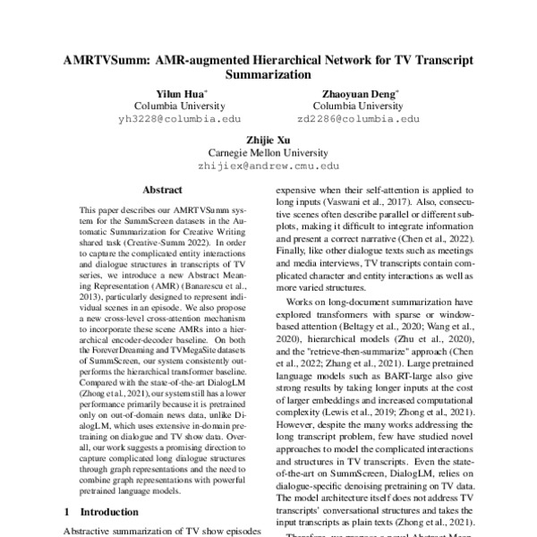 AMRTVSumm: AMR-augmented Hierarchical Network for TV Transcript Summarization - ACL Anthology