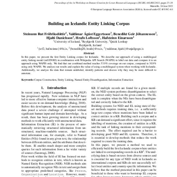 Building an Icelandic Entity Linking Corpus - ACL Anthology