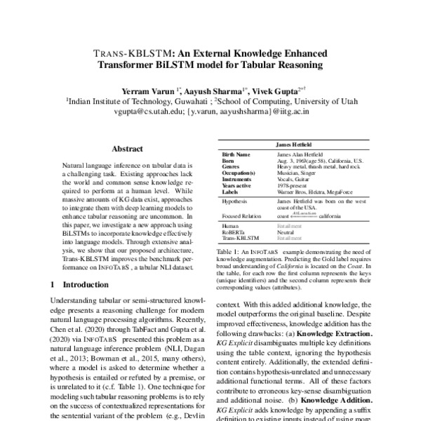 Trans-KBLSTM: An External Knowledge Enhanced Transformer BiLSTM Model for Tabular Reasoning ...