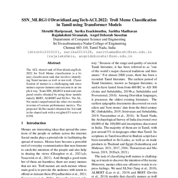 SSN_MLRG1@DravidianLangTech-ACL2022: Troll Meme Classification in Tamil ...