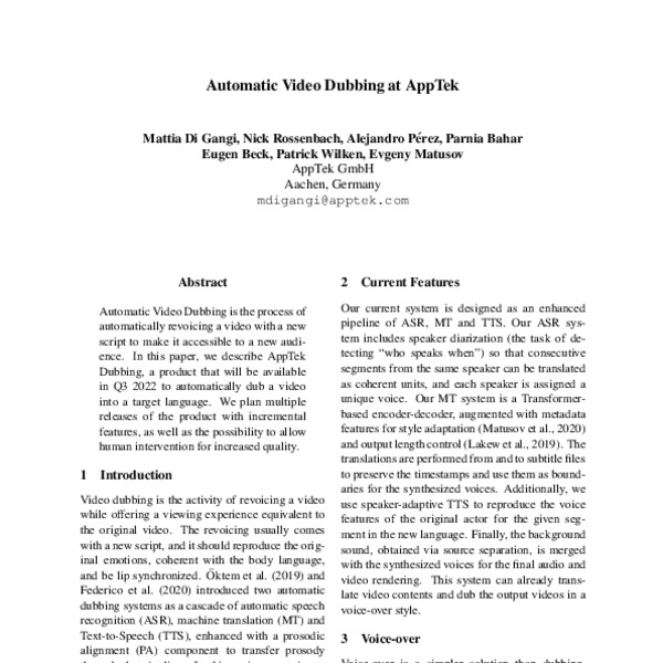 Automatic Video Dubbing at AppTek - ACL Anthology