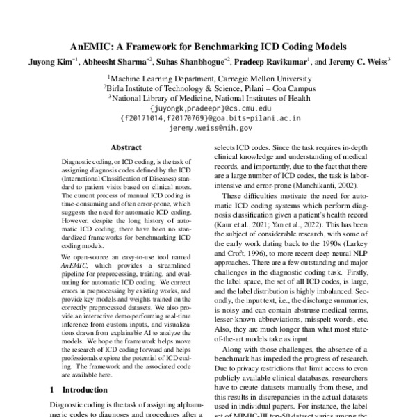 AnEMIC: A Framework for Benchmarking ICD Coding Models - ACL Anthology