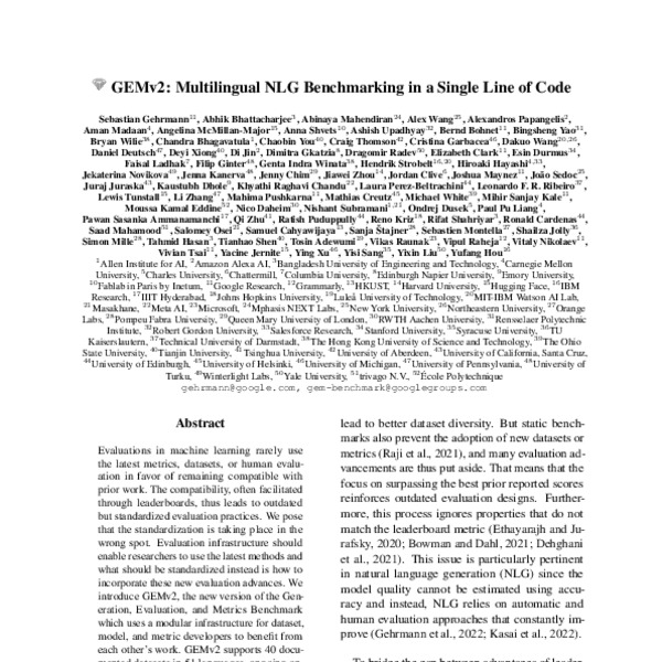 GEMv2: Multilingual NLG Benchmarking in a Single Line of Code - ACL ...