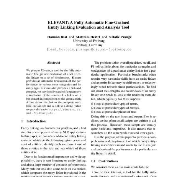 ELEVANT: A Fully Automatic Fine-Grained Entity Linking Evaluation and Analysis Tool - ACL Anthology