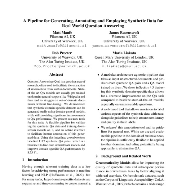 A Pipeline for Generating, Annotating and Employing Synthetic Data for Real World Question ...
