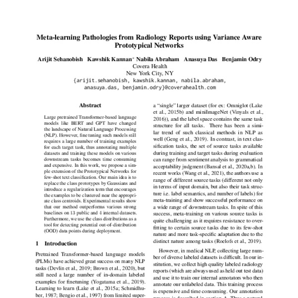 Meta Learning Pathologies From Radiology Reports Using Variance Aware Prototypical Networks