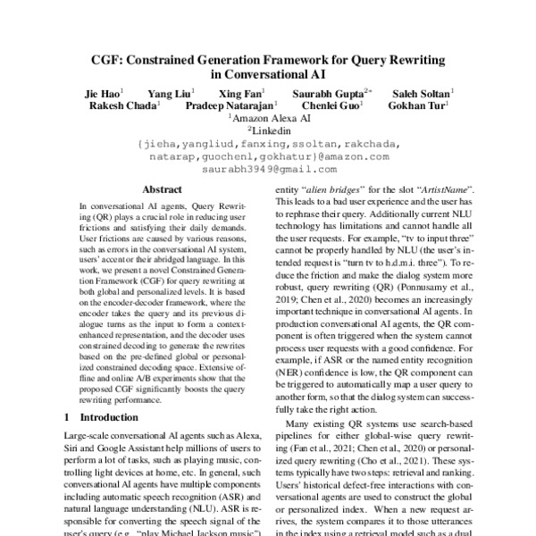 CGF: Constrained Generation Framework for Query Rewriting in Conversational AI - ACL Anthology