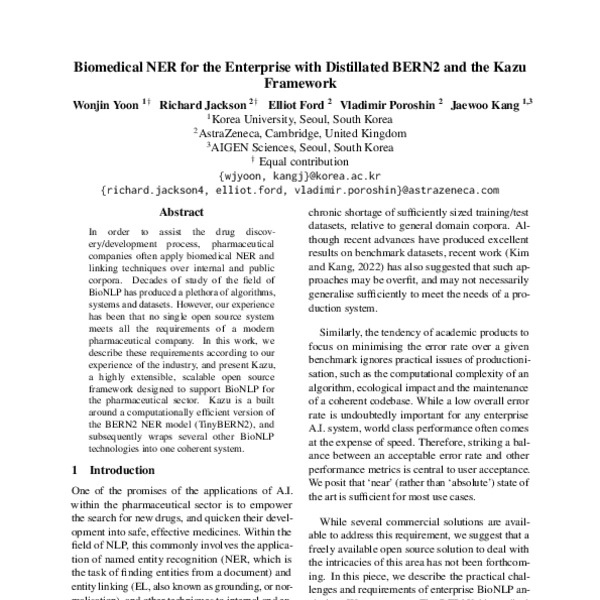 Biomedical NER for the Enterprise with Distillated BERN2 and the Kazu ...