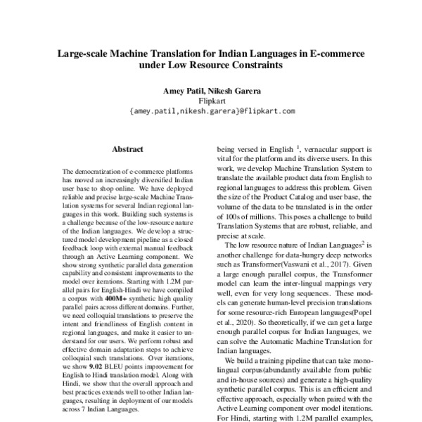 Large-scale Machine Translation for Indian Languages in E-commerce ...