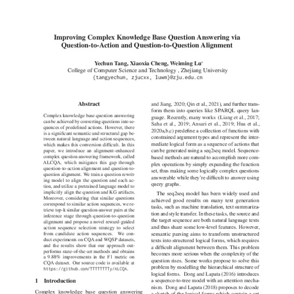 Improving Complex Knowledge Base Question Answering via Question-to-Action and Question-to ...