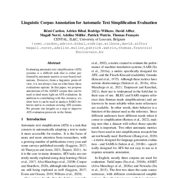 Linguistic Corpus Annotation for Automatic Text Simplification Evaluation - ACL Anthology