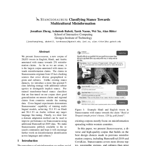 Stanceosaurus: Classifying Stance Towards Multicultural Misinformation - ACL Anthology