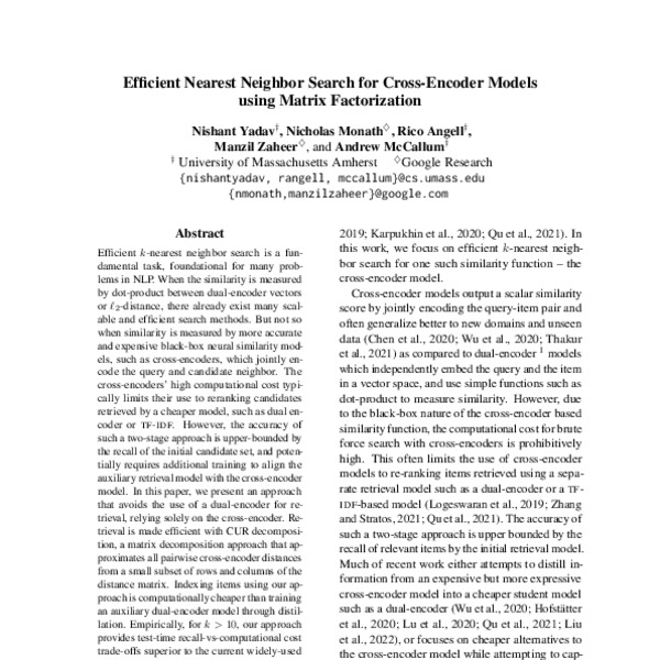 Efficient Nearest Neighbor Search for Cross-Encoder Models using Matrix Factorization - ACL ...
