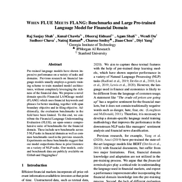 When FLUE Meets FLANG: Benchmarks and Large Pretrained Language Model for Financial Domain - ACL ...