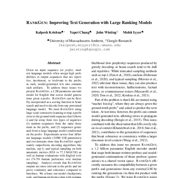 RankGen: Improving Text Generation with Large Ranking Models - ACL Anthology