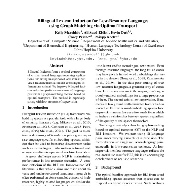 Bilingual Lexicon Induction For Low Resource Languages Using Graph Matching Via Optimal