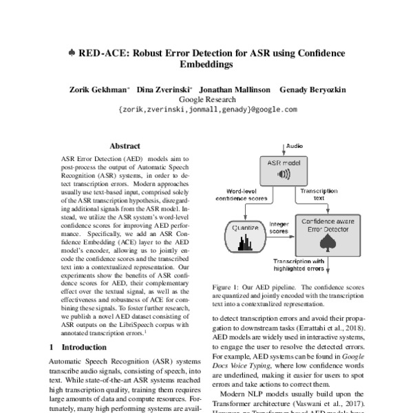 RED-ACE: Robust Error Detection for ASR using Confidence Embeddings - ACL Anthology