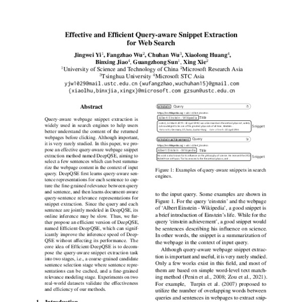 Effective and Efficient Query-aware Snippet Extraction for Web Search - ACL Anthology