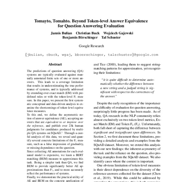 Tomayto, Tomahto. Beyond Token-level Answer Equivalence for Question ...